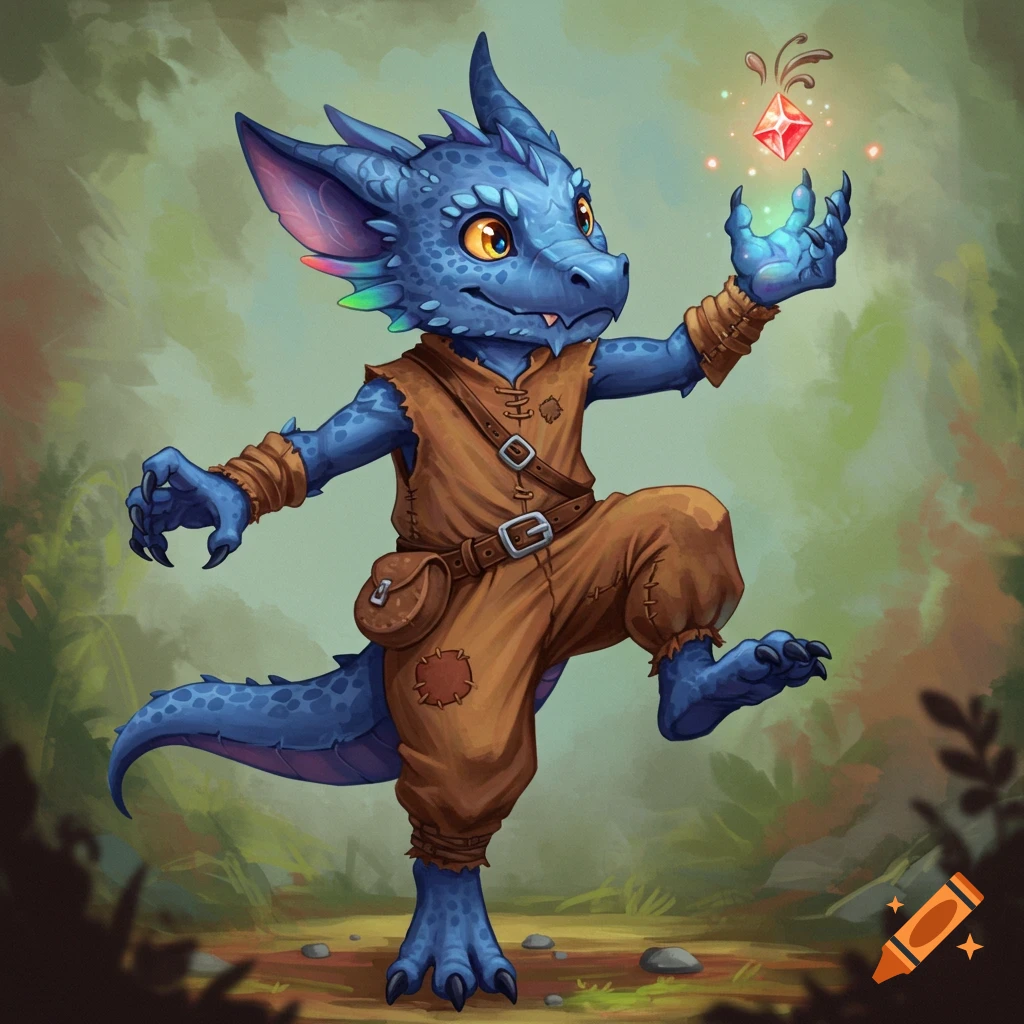 An illustration of a blue kobold balancing on one leg and holding a ...