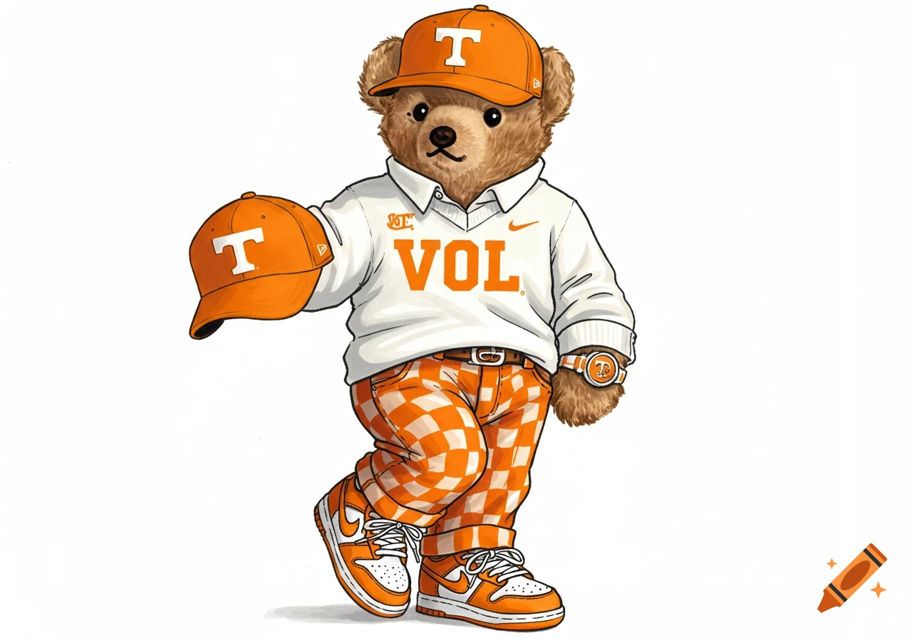 A cartoon bear wears a Tennessee Vols baseball cap, sweater with "VOL ...