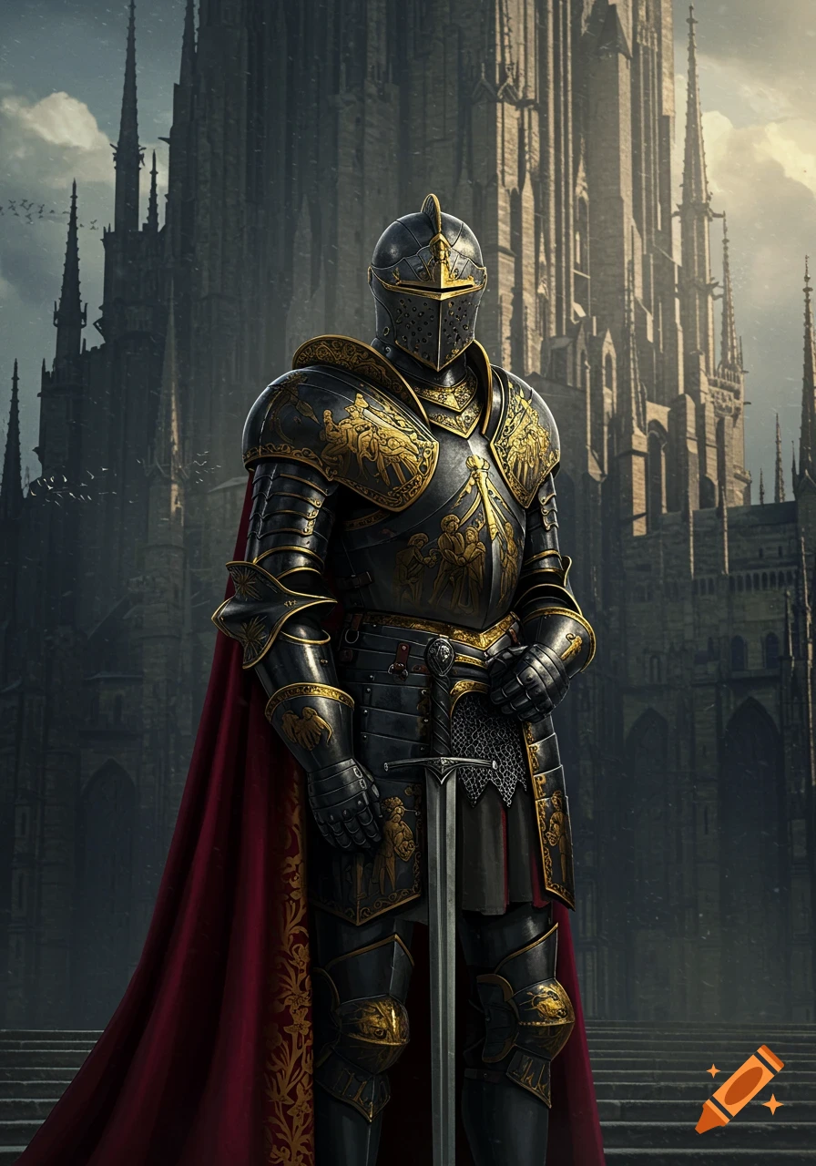 Black and gold knight in armor with red cape standing before a gothic ...