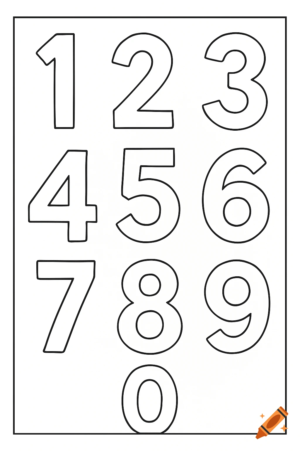 Coloring sheet with the numbers 1 through 9 and 0. on Craiyon