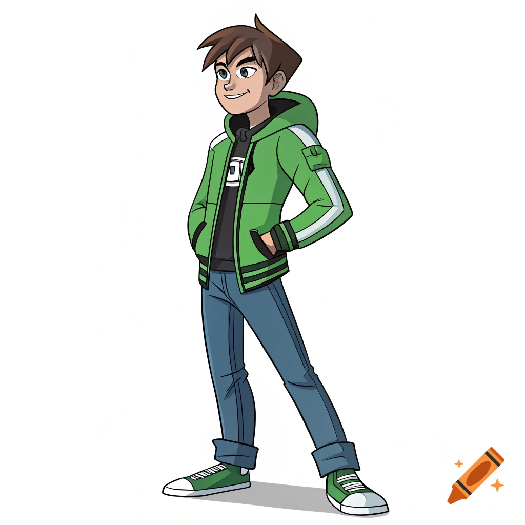 Cartoon drawing of Ben Tennyson standing with hands in pockets on Craiyon