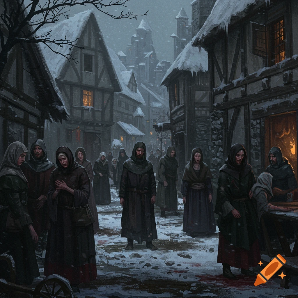 People in cloaks walk through a snowy, dark medieval town scene. on Craiyon