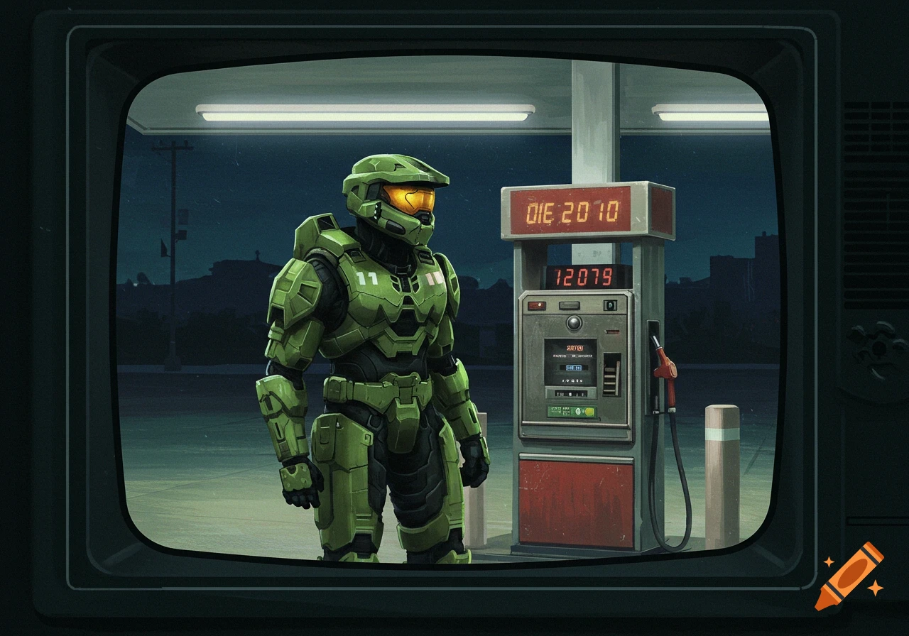 Illustration of a character resembling Master Chief standing by a gas ...