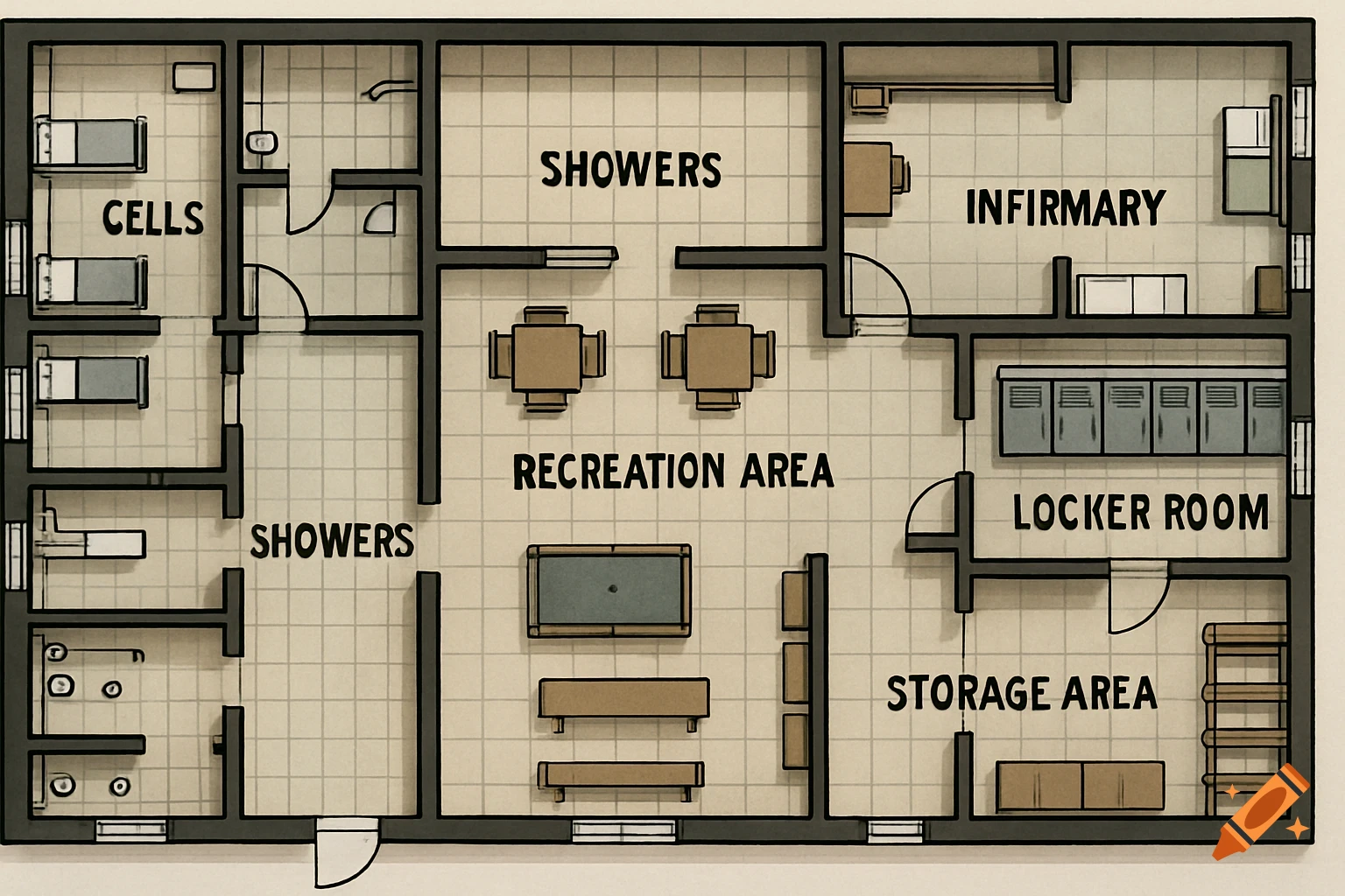 Top-down floor plan drawing of a prison layout showing cells, showers ...