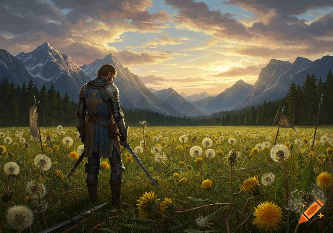 A medieval knight stands in a field of dandelions at sunset with ...