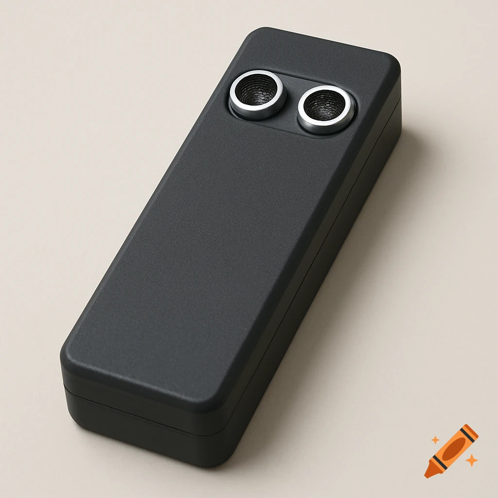 Close-up product render of a black rectangular device with two circular ...