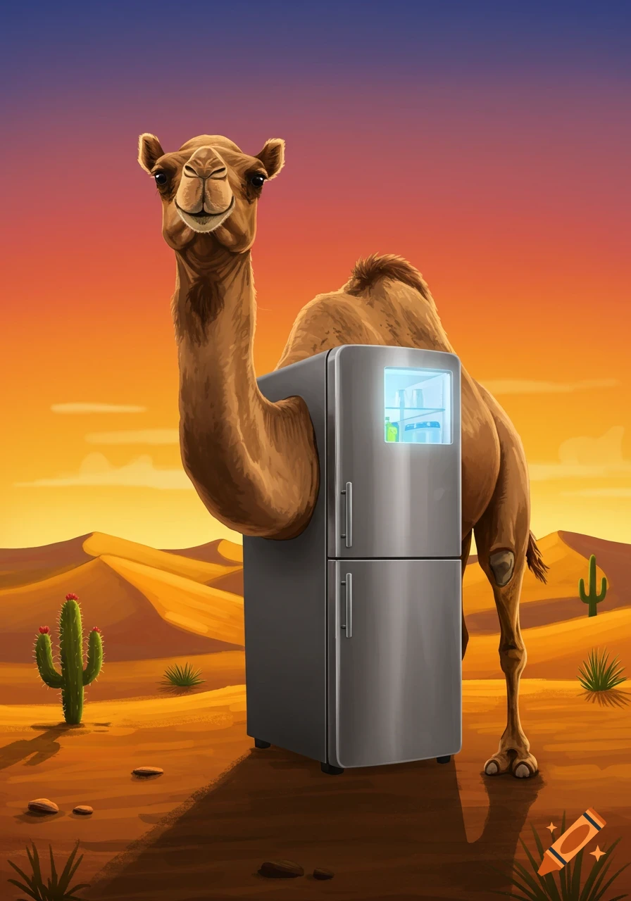 A camel with a refrigerator for a body stands in a desert landscape. on ...