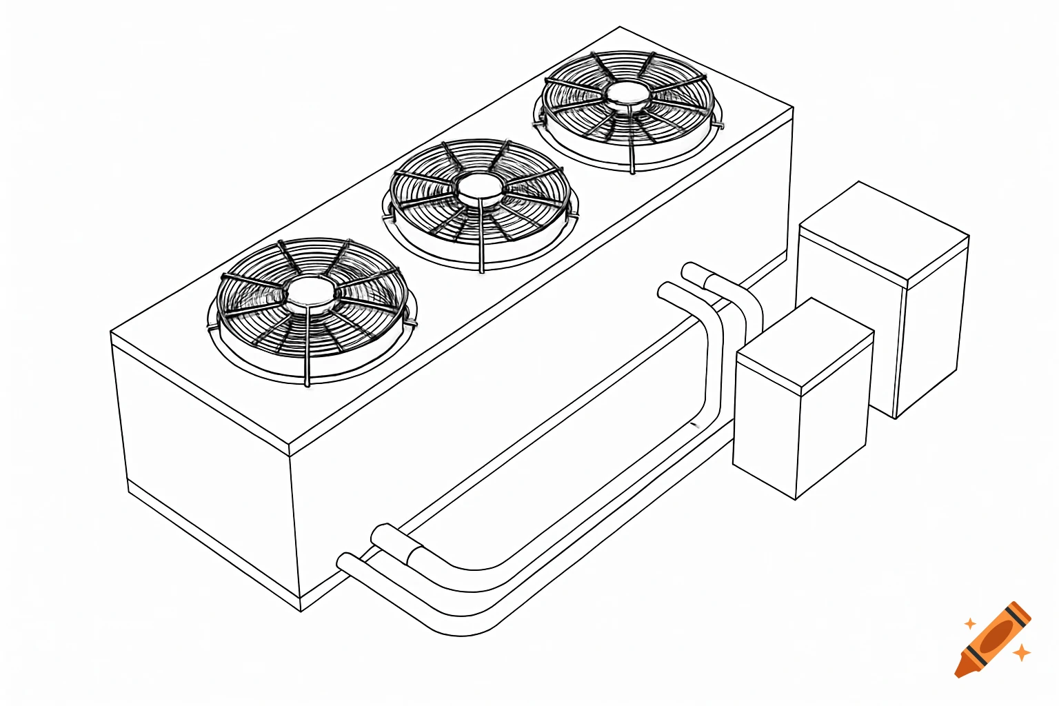 Wireframe drawing of an industrial cooling unit with fans and pipes on ...