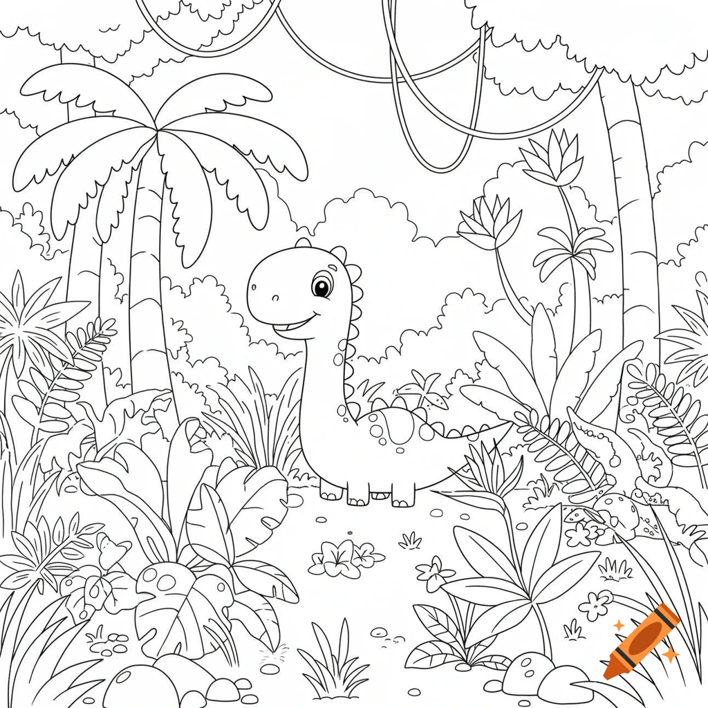 Black and white line art coloring page of a cartoon dinosaur in a ...