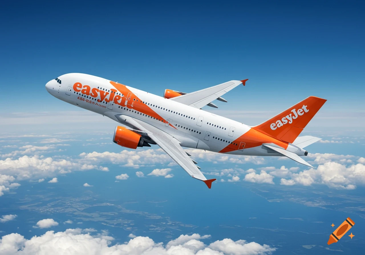 An EasyJet Airbus A380 airplane flying through clouds. on Craiyon