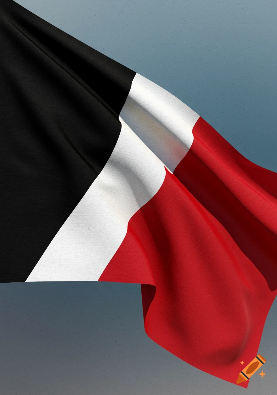 Close-up of a waving flag with black, white, and red sections. on Craiyon