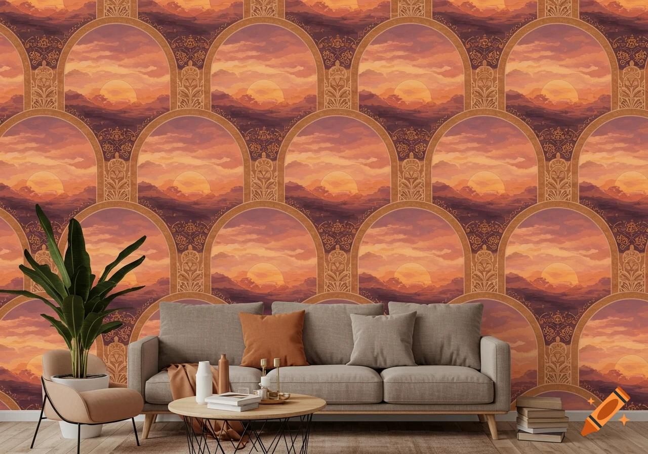 A living room with wallpaper featuring repeated arched windows showing ...