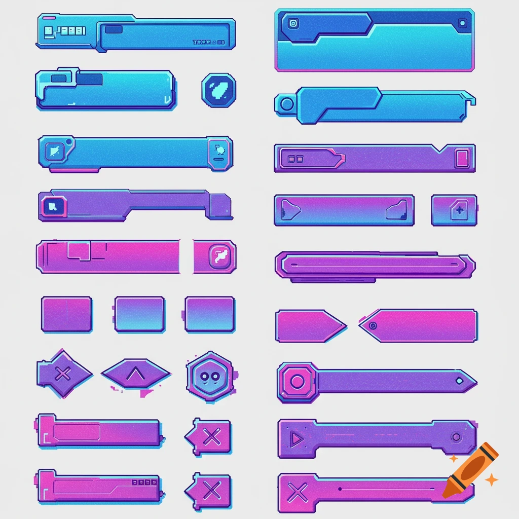 Cyberpunk pixel art UI elements and buttons in blue and purple gradient ...