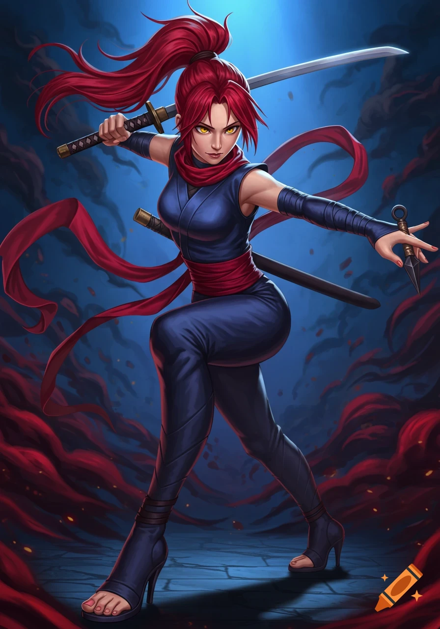 Female ninja with red hair in blue suit and red scarf holding swords ...