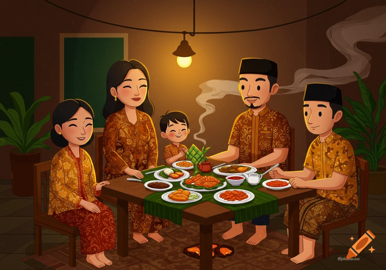 Illustrated family in traditional clothing eating a meal together at a ...