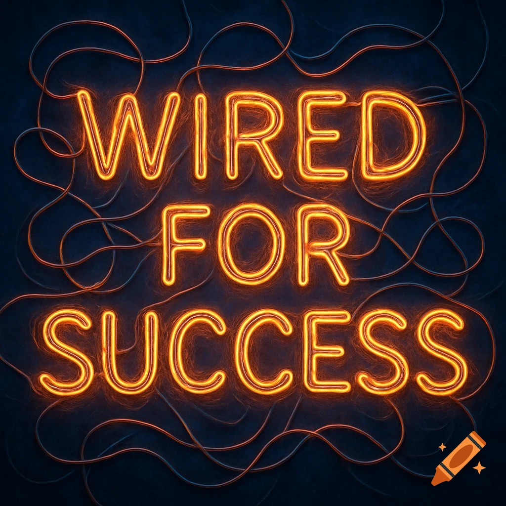 Neon sign reading 'WIRED FOR SUCCESS' surrounded by wires. on Craiyon
