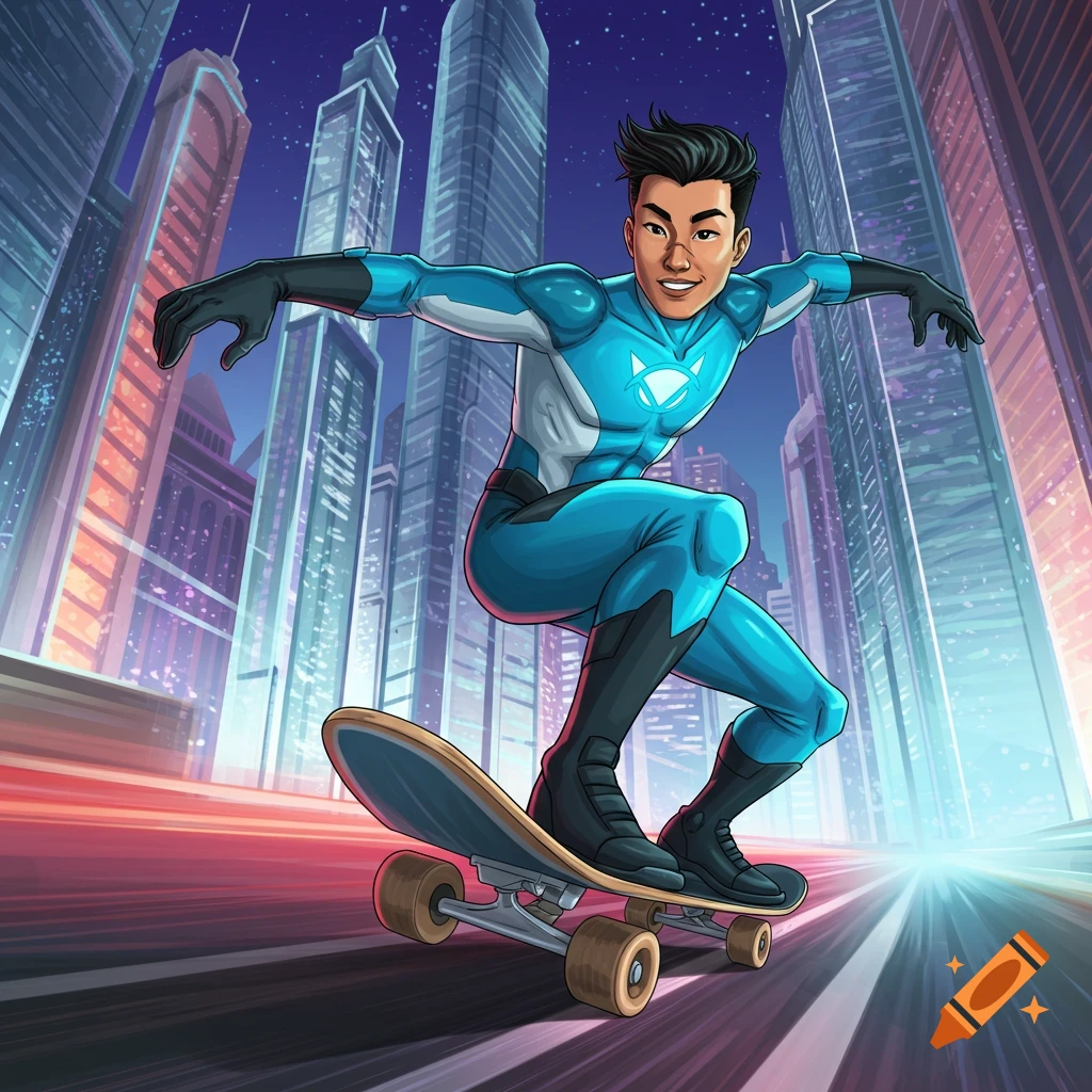 A superhero in a blue suit skateboards through a city at night. on Craiyon
