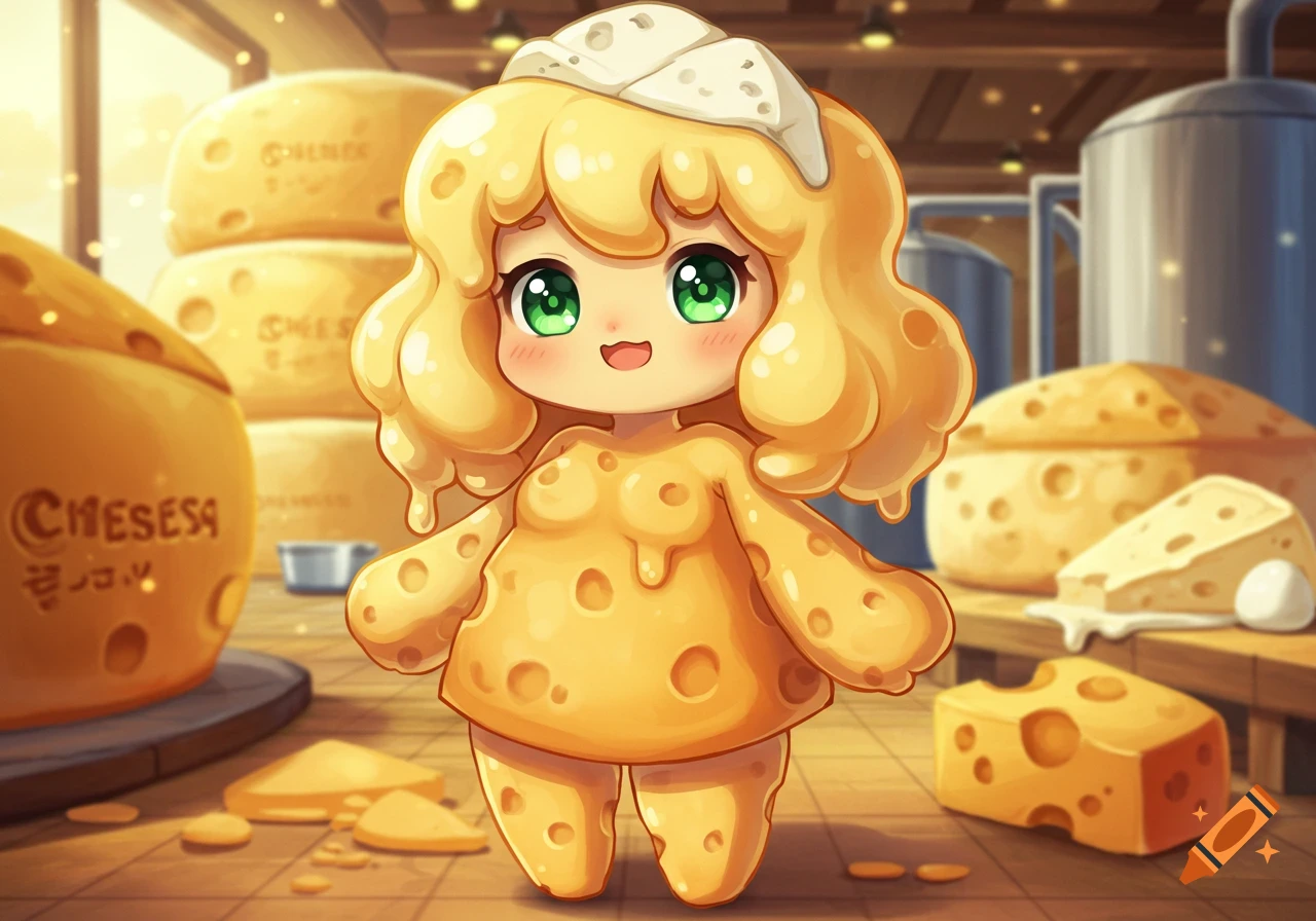 A cute anime character made of cheese stands in a cheese factory. on ...