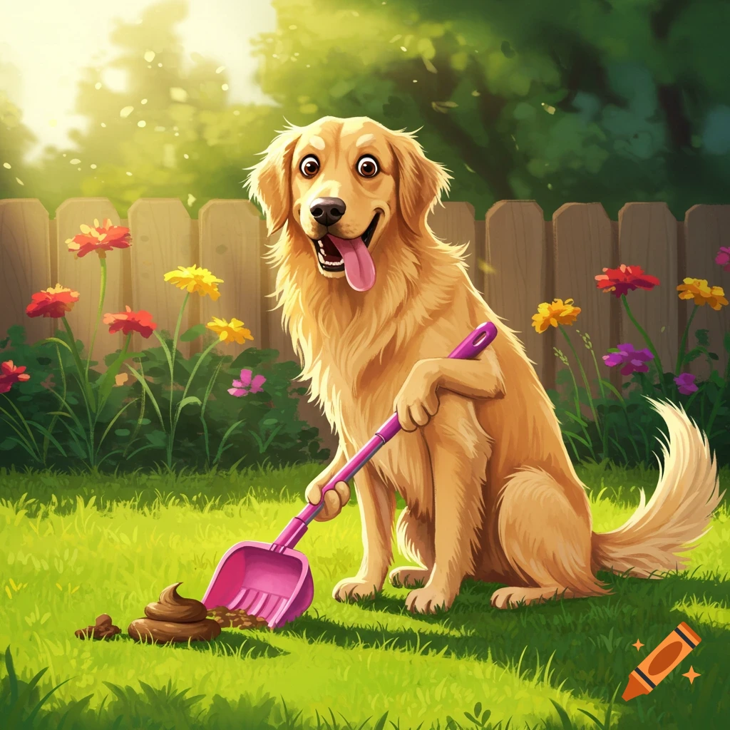 Golden retriever dog scooping poop in a sunny garden illustration on ...