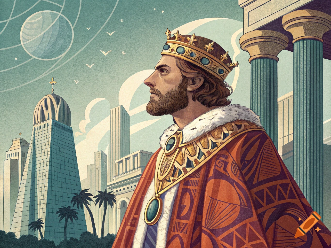 Retro-modern illustration of a bearded king in ornate robes and crown ...