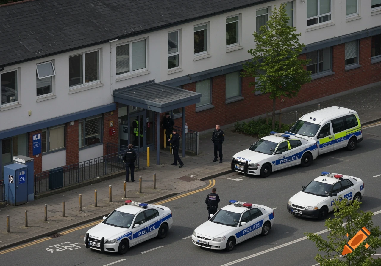 Aerial view of police cars and officers outside a police station. on ...