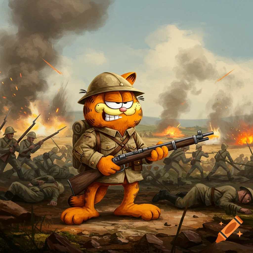 Cartoon character Garfield as a soldier in a Boer War battlefield with ...