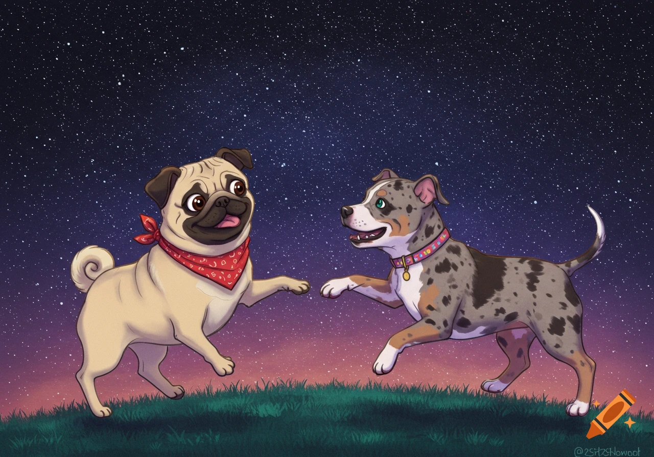 Cartoon pug and merle dog reaching paws on grass under starry sky. on ...