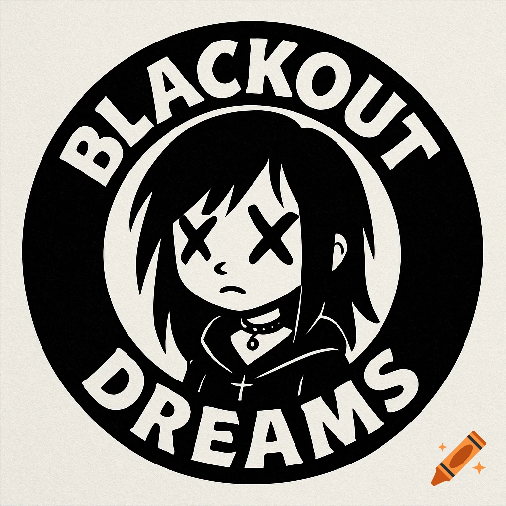 Black and white logo with 'BLACKOUT DREAMS' text and a cartoon emo girl ...