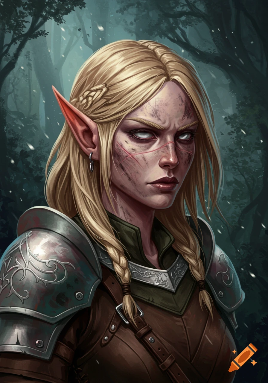 Portrait of a scarred blonde elf in armor in a forest on Craiyon