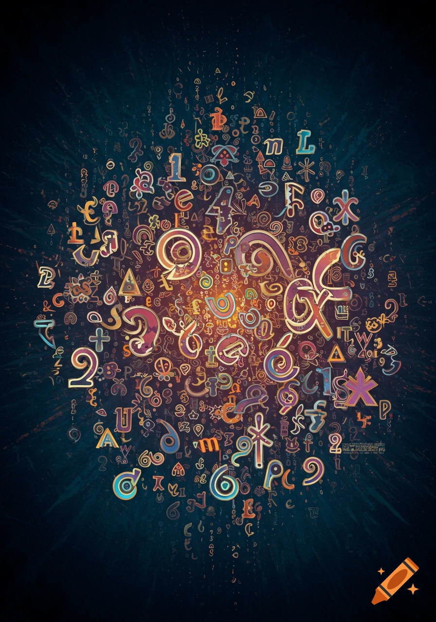 Abstract composition of colorful, swirling symbols, numbers, and ...