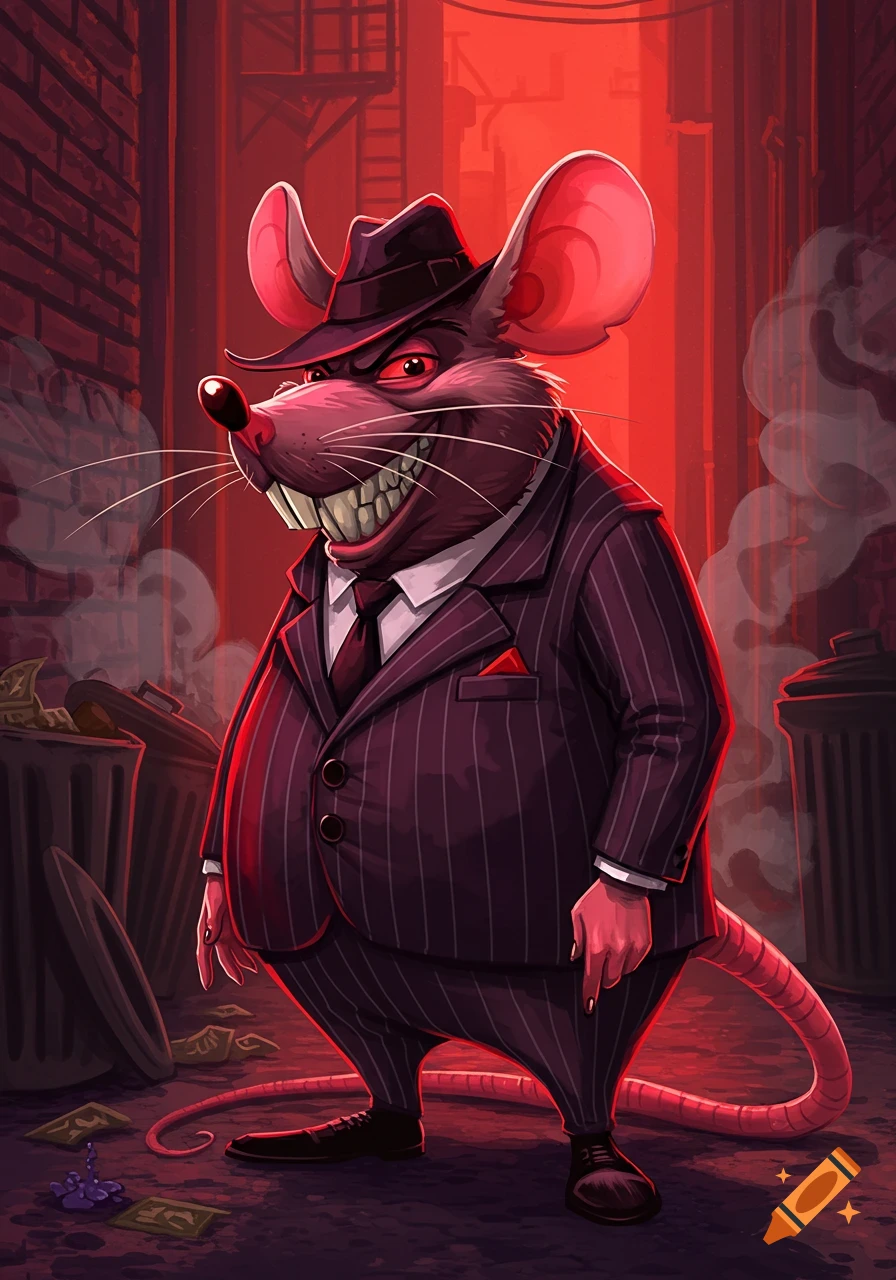 A fat cartoon rat in a pinstripe suit and fedora stands in a dark alley ...