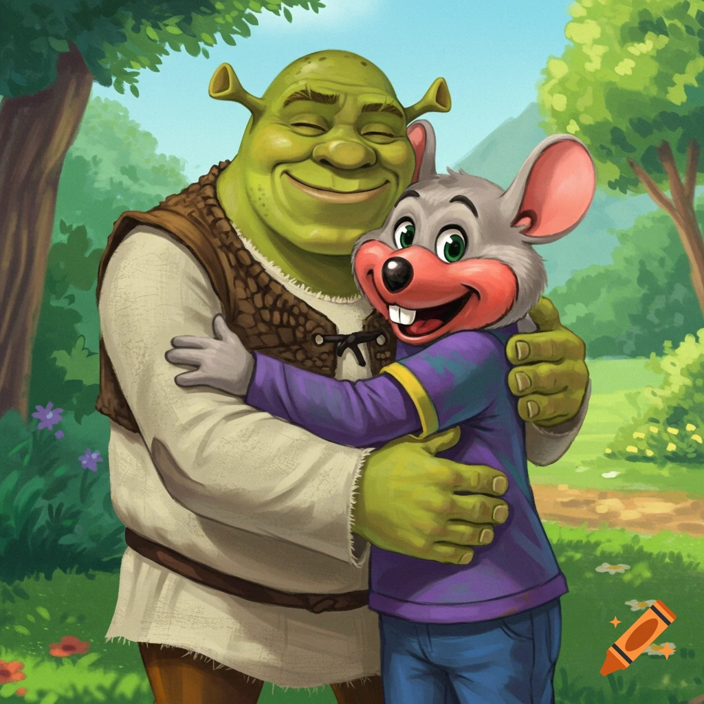Shrek and Chuck E. Cheese hugging in a sunny park. on Craiyon