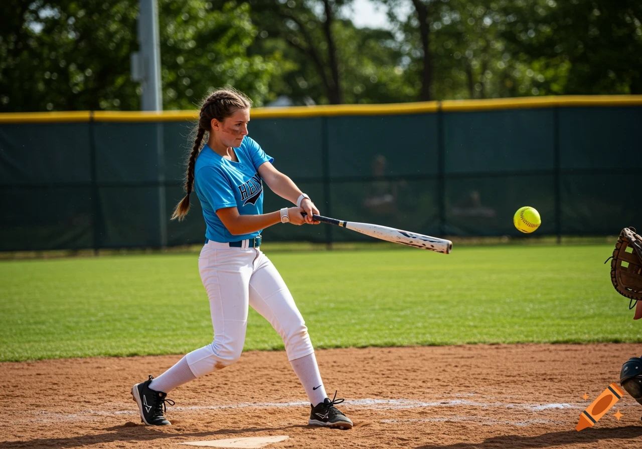A girl swings a bat to hit a softball during a game. on Craiyon