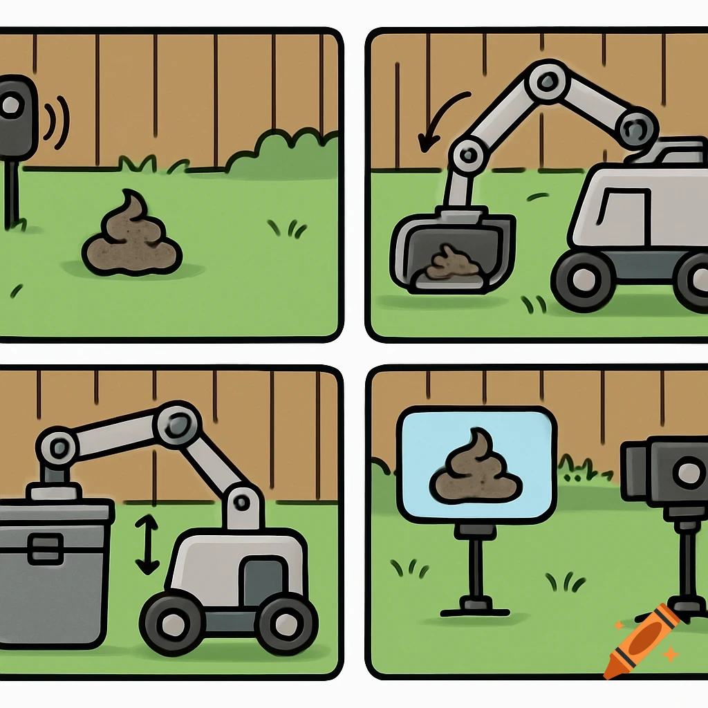 Cartoon diagram shows robotic arm scooping poop, depositing it, and ...