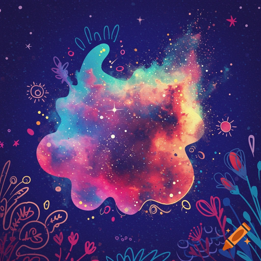Colorful abstract shape resembling a nebula with doodle stars and ...