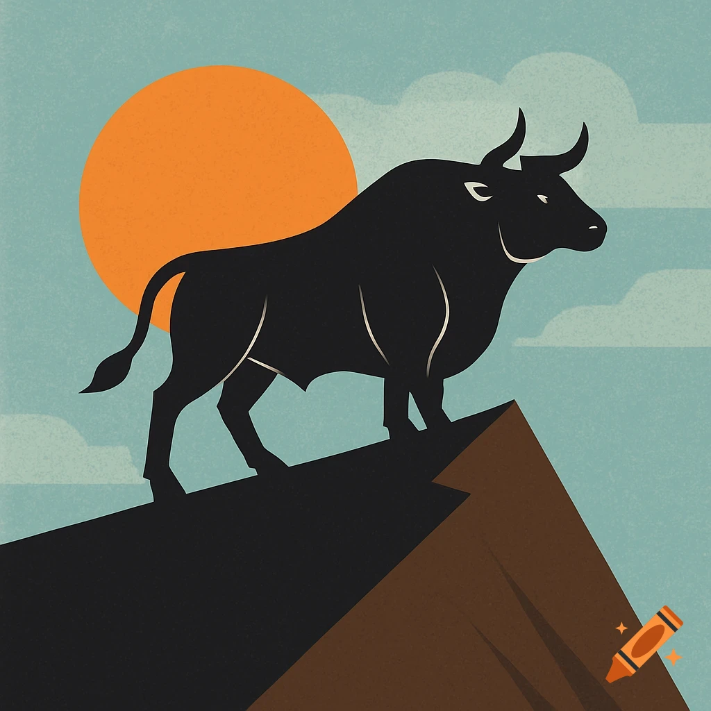 Stylized graphic illustration of a black bull standing on a steep hill ...