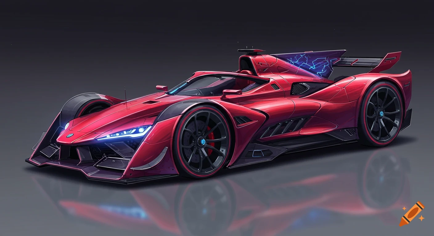 A red futuristic racecar with glowing blue lights and complex detailing ...
