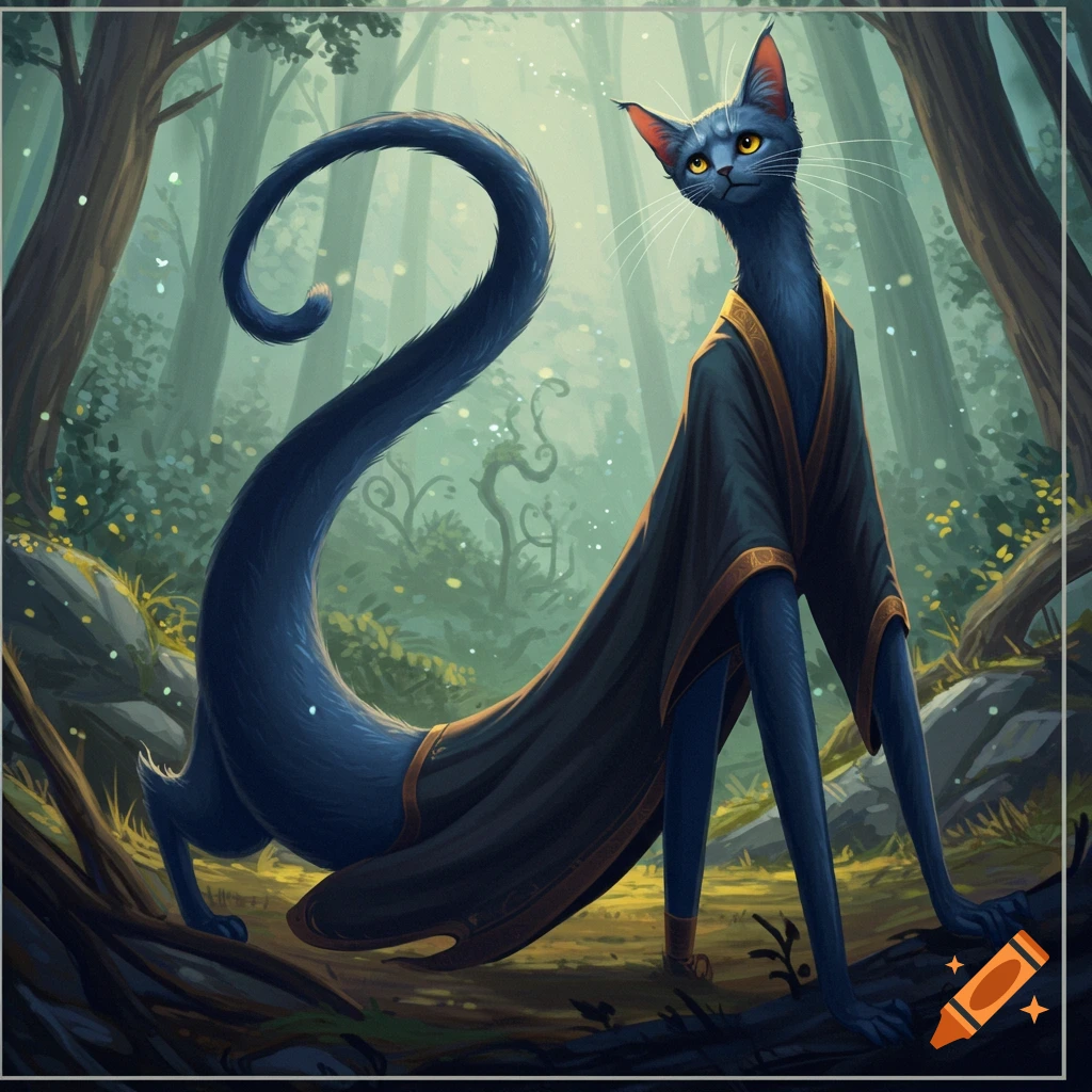 A long, slender blue cat in a robe stands in a forest clearing. on Craiyon