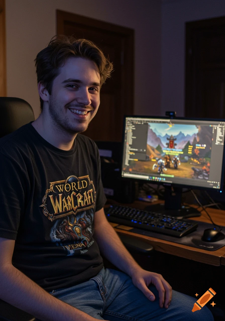 Young man smiles at camera while sitting at a computer playing World of ...