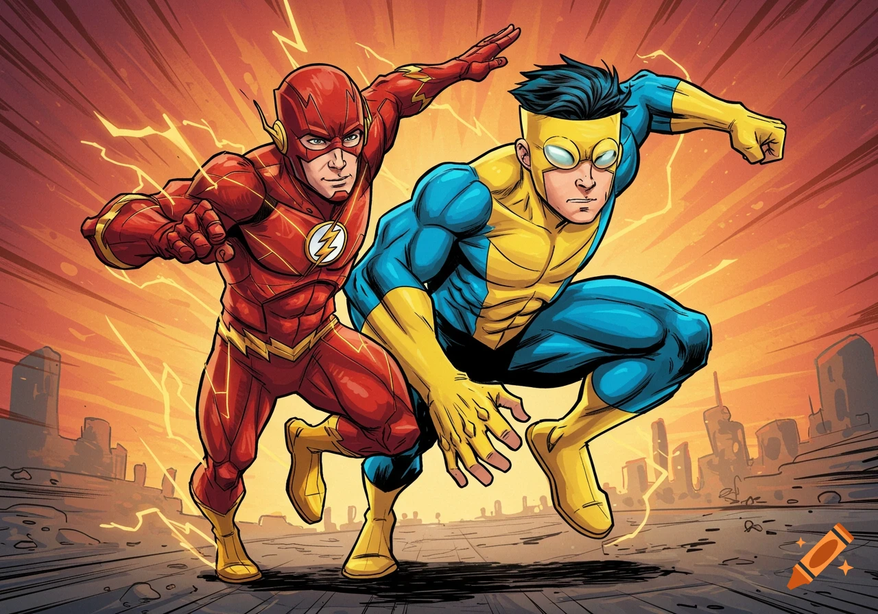 Flash and Invincible running forward in a dynamic comic book style ...