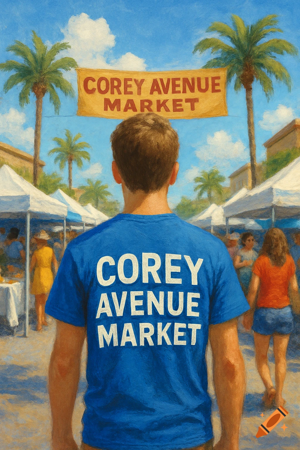 Person in Corey Avenue Market shirt at outdoor market with stalls and ...