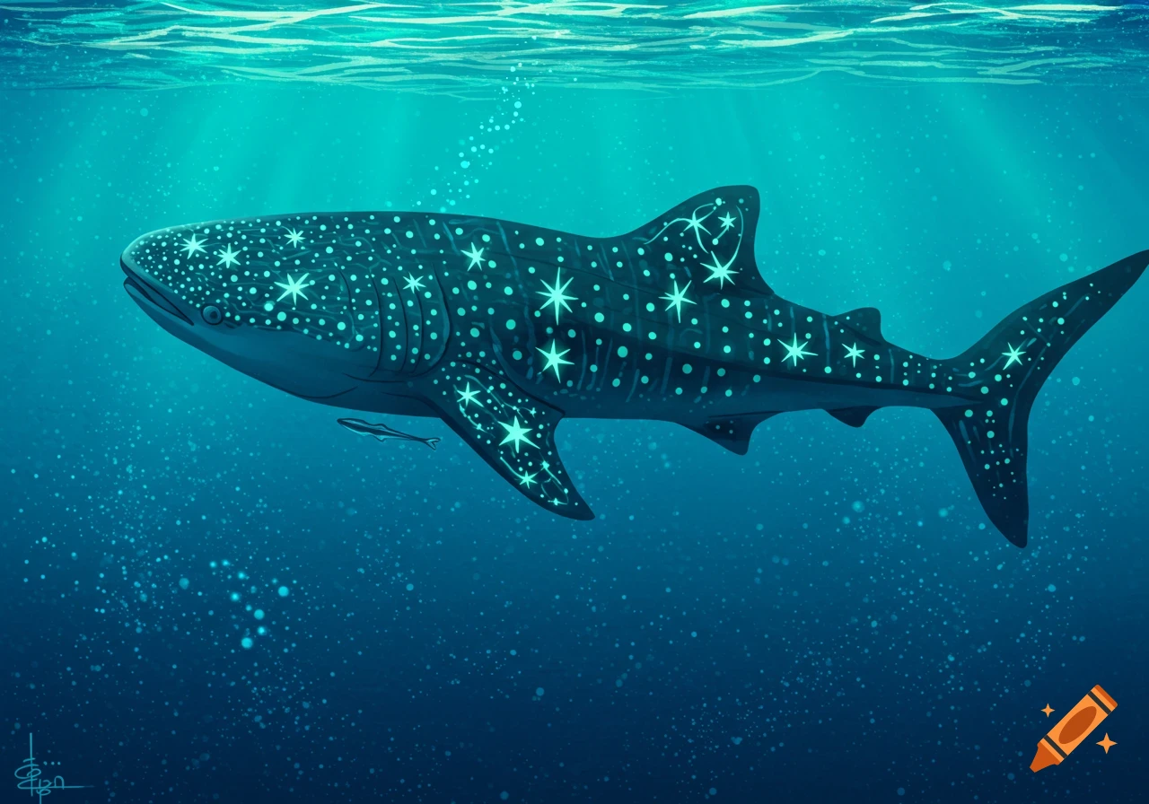 Illustration of a whale shark covered in glowing stars swimming ...