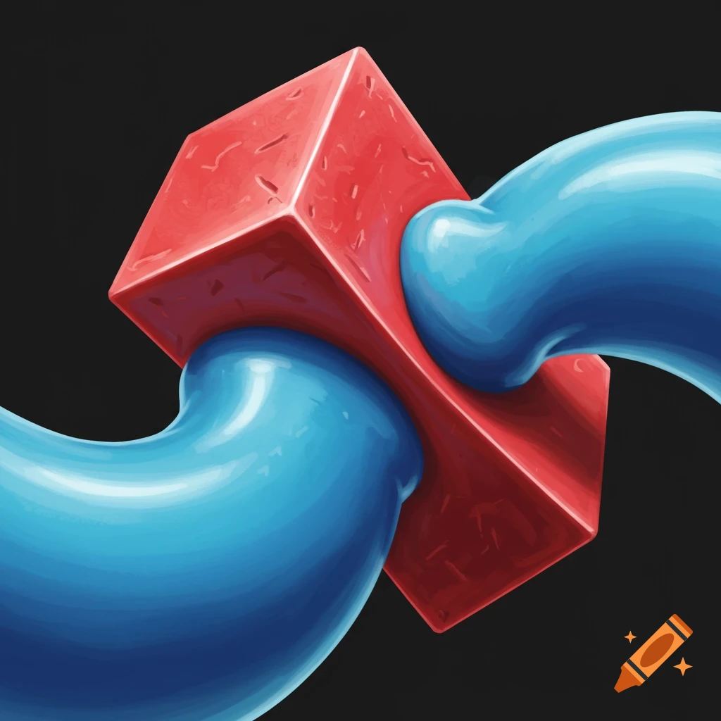 Abstract image of a red cube being squeezed by two blue tube-like ...