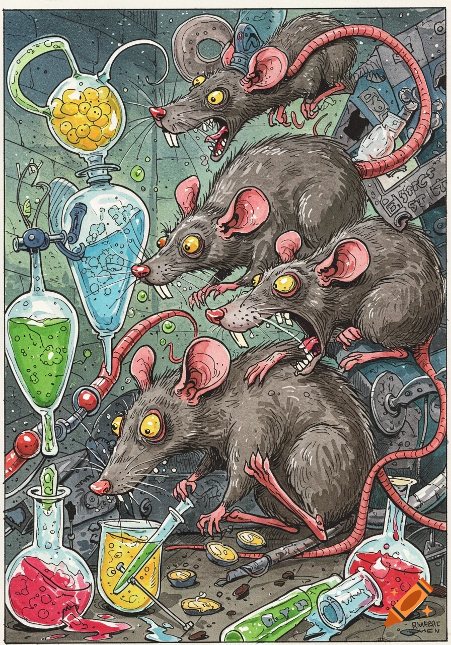 Stylized illustration of laboratory rats in a lab with beakers, in the ...