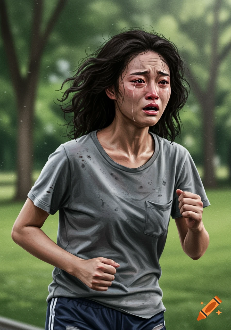 Digital painting of a crying woman running in a park. on Craiyon