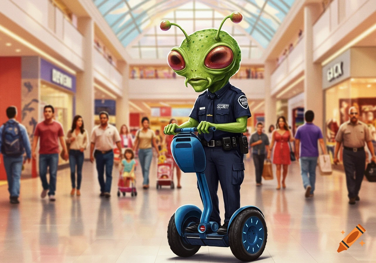 Green alien security guard on a Segway in a busy mall. on Craiyon