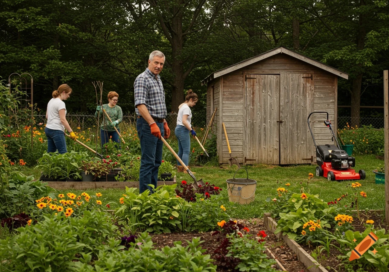 People gardening near a shed and lawnmower in a backyard. on Craiyon