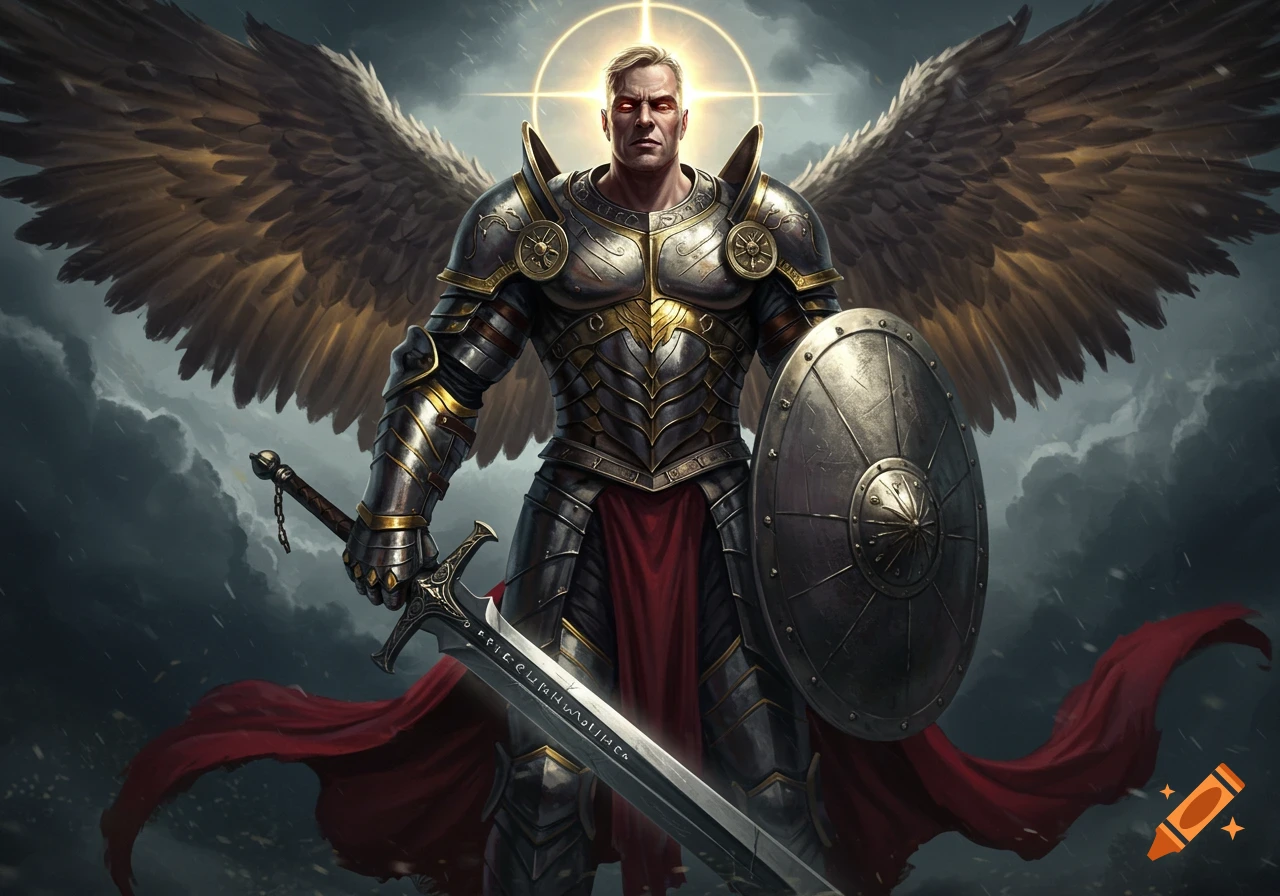 A male warrior angel in armor with wings, holding a sword and shield ...