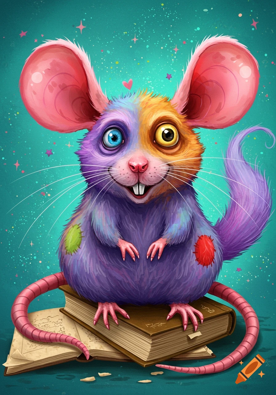A colorful, whimsical illustration of a rat sitting on books. on Craiyon