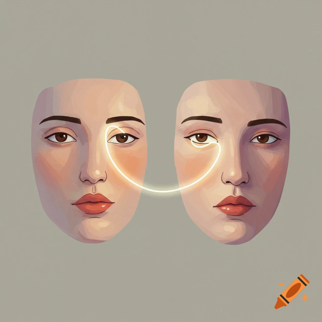 Two stylized faces connected by a glowing line. on Craiyon
